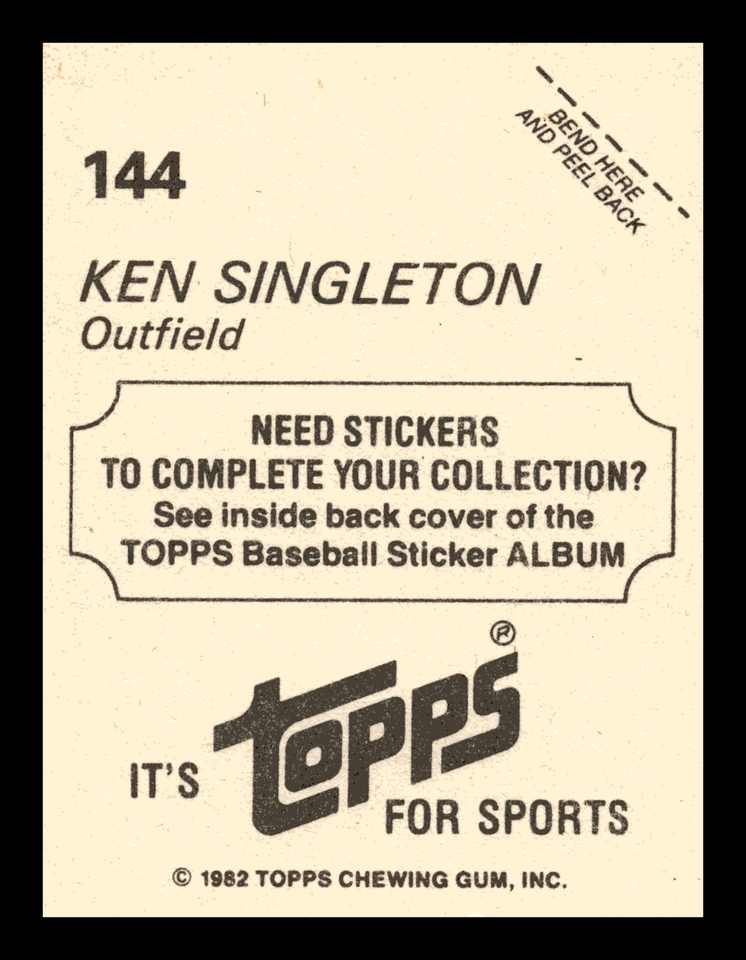 1982 Topps Stickers Ken Singleton Baltimore Orioles #144 Centered Mint ...