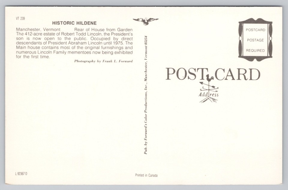 Postcard Vermont Manchester Robert Todd Lincoln's Hildene 67U | eBay