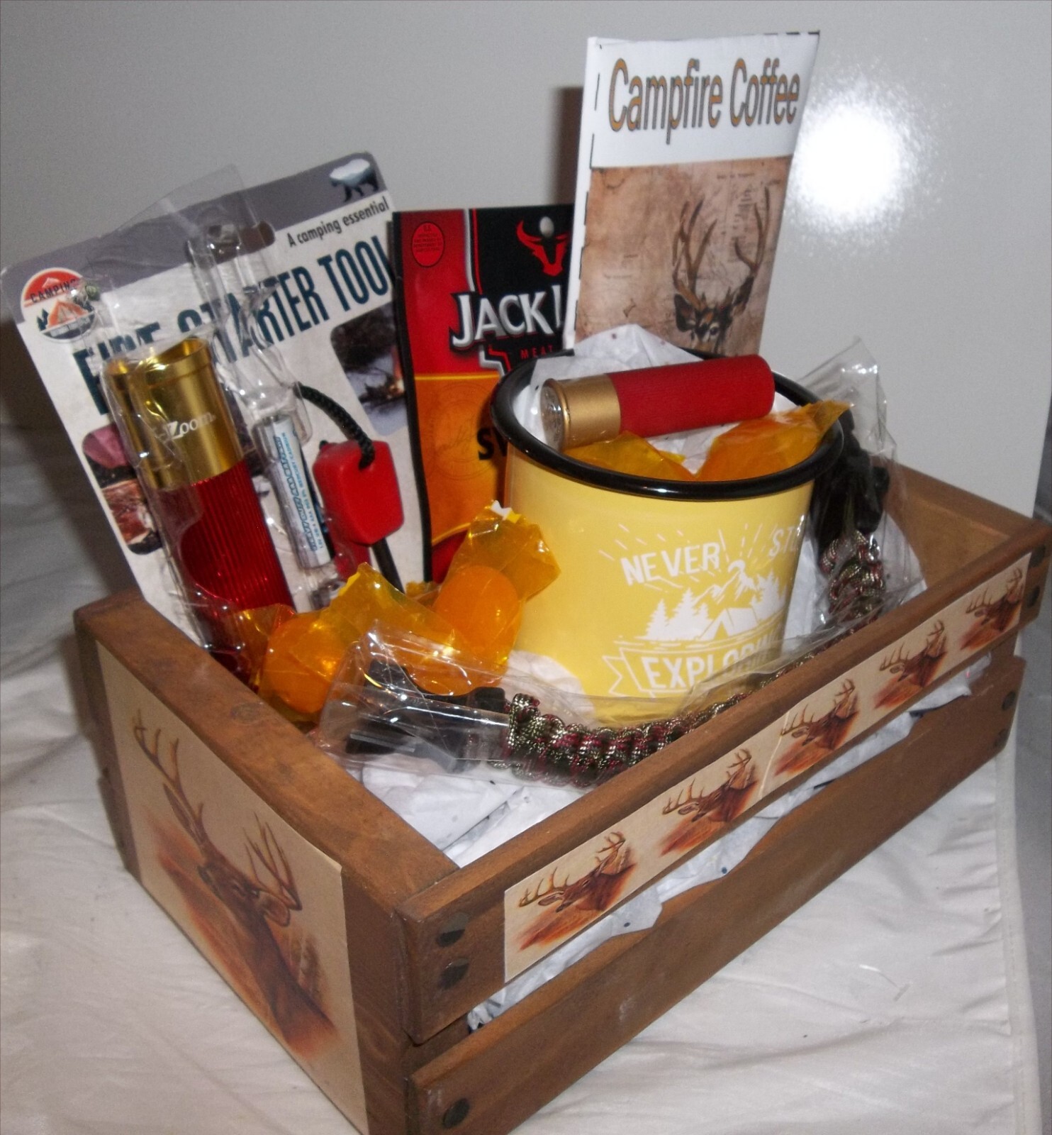 Deer Shot Gun Flash light Wood Crate Gift Basket Tin Coffee Mug Compass ...