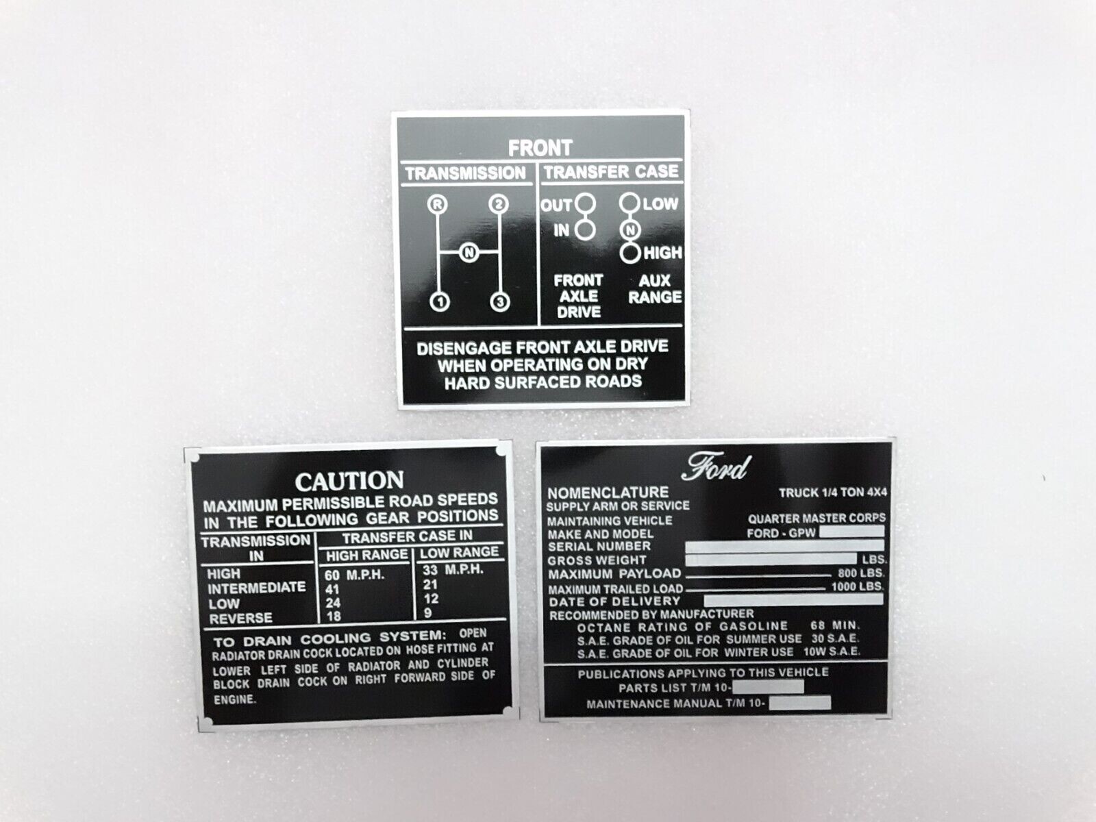 Dash Data Plate Aluminum Black Set Of 3 For Jeeps Willys Ford CJ2A CJ3A ...