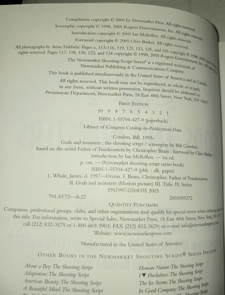 Gods and Monsters The Shooting Script Book 2005 First Edition Newmarket ...