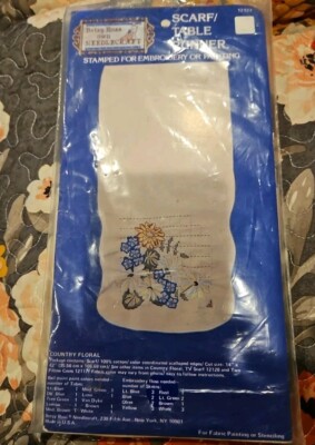 Vtg Betsy Ross Stamped Embroidery Table Runner Scarf Kit Country Floral ...