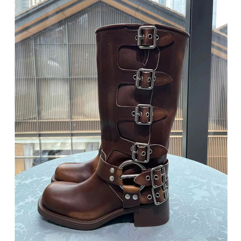 Lady Real Leather Metal Rivet Buckle Riding Boot Mid-Calf Western ...