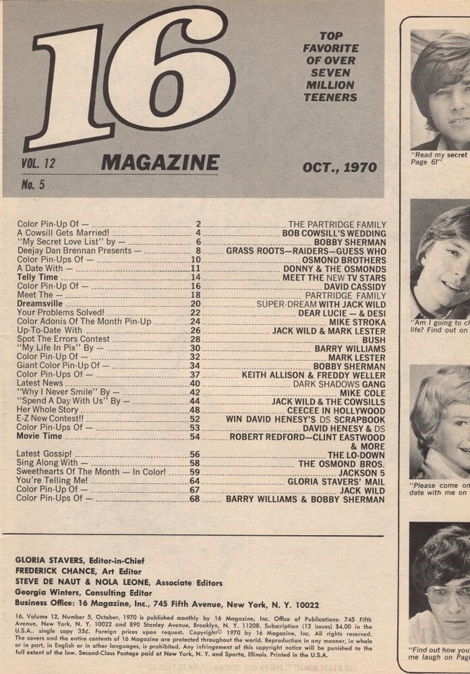 Bobby Sherman pinup 10/70 16 magazine Mark Lester David Cassidy Mike ...