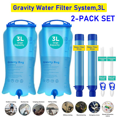 2PACK Gravity Water Filter Straw,3L Portable Water Bladder F Emergency ...
