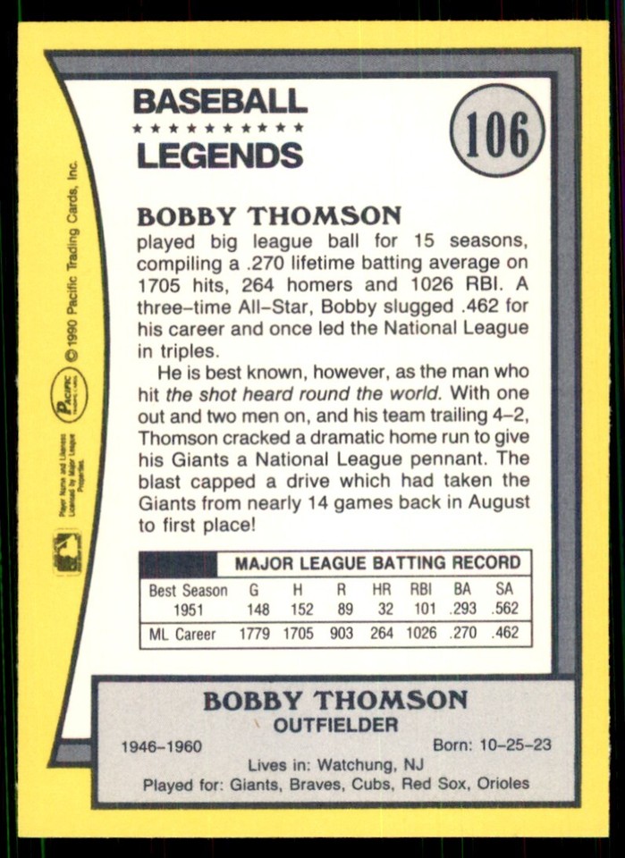 1990 Pacific Bobby Thomson Baseball Cards #106 | eBay
