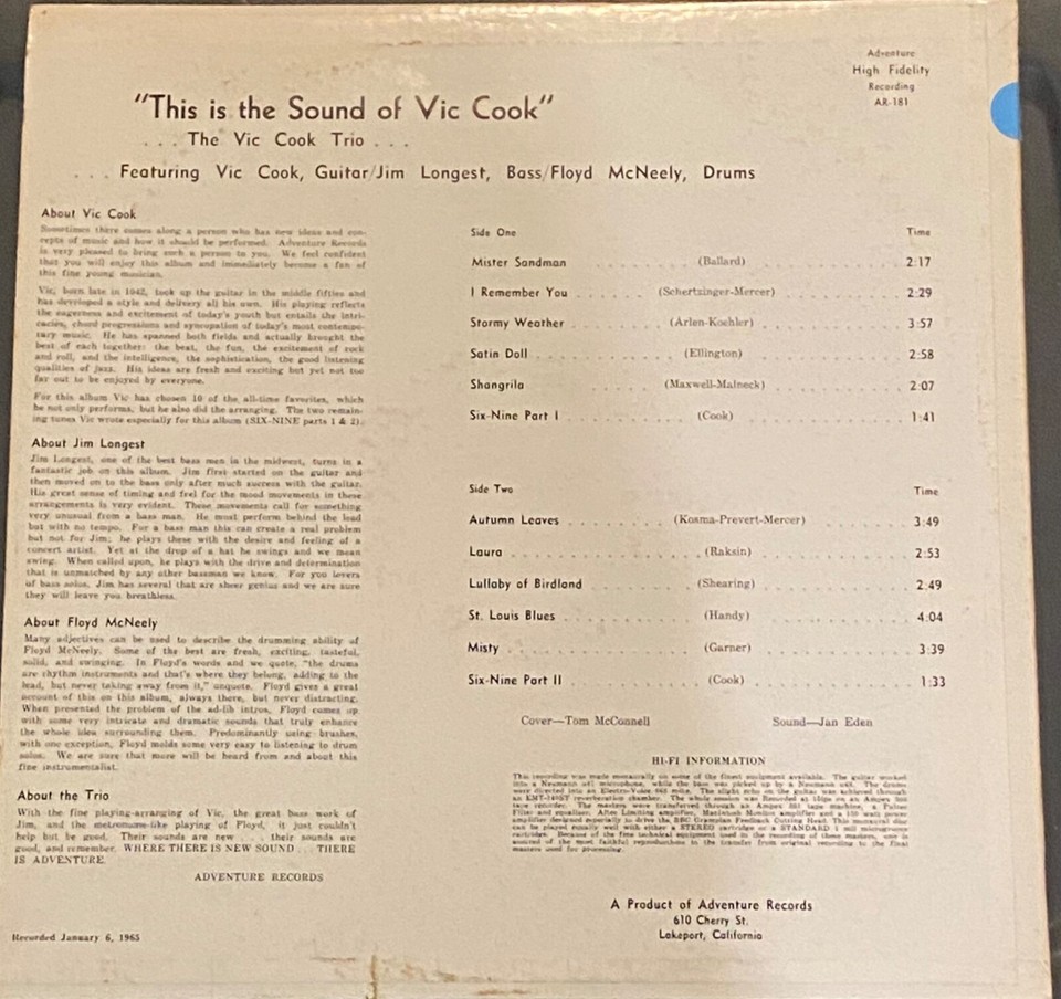 Vic Cook This Is The Sound Of Vic Cook & His Trio Rare Private Jazz VG ...