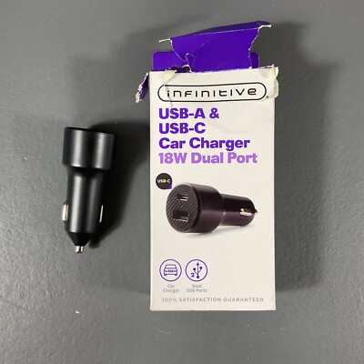 Infinitive USB A and USB C Car Charger 18 Watts Dual USB Ports Black ...