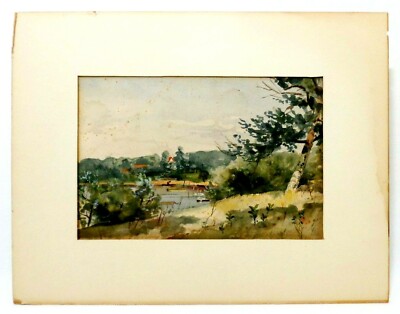 LATE 19TH-EARLY 20TH C AMERICAN VINT UNSIGNED W/C LANDSCAPE, MATTING ...