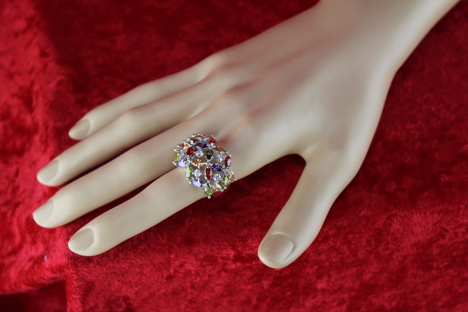 Chunky Colorful Ring Silver Cluster Style Statement Ring Size 7 | eBay