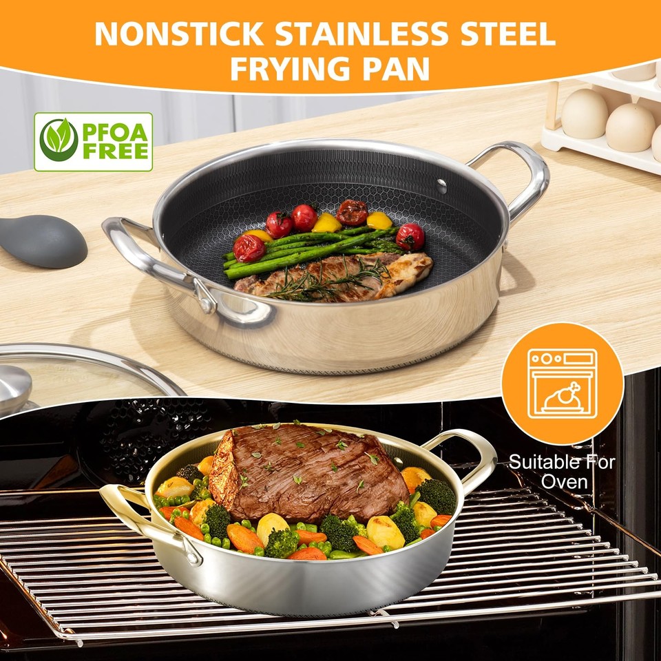 Stainless Steel Saute Pan 12 inch Deep Frying Pan,5 Quarts Nonstick ...