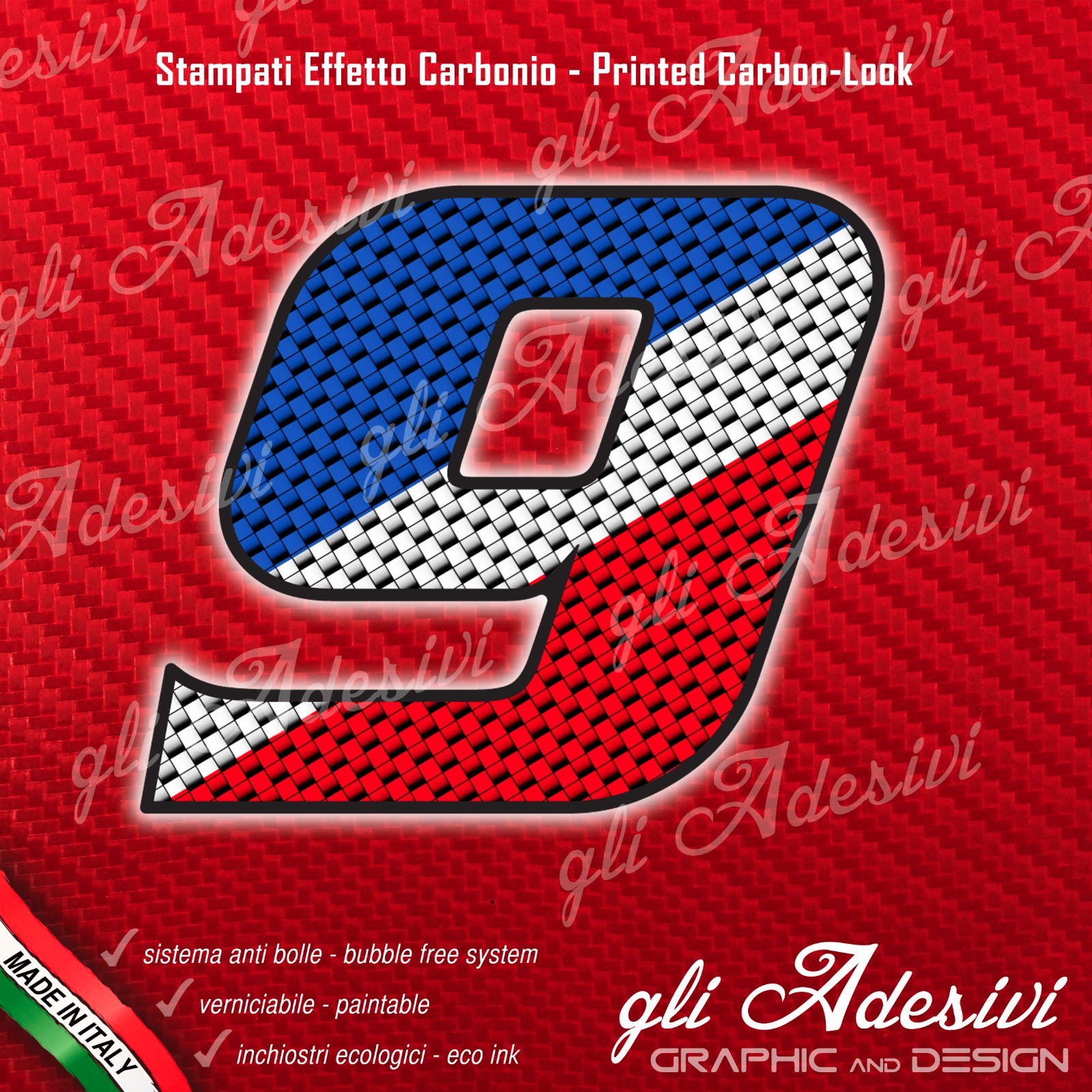 Sticker Number 9 Motorcycle Car Cross Race Carbon Effect Blue White Red ...