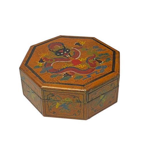 Chinese Distressed Light Brown Octagon Dragon Treasure Graphic Box ...