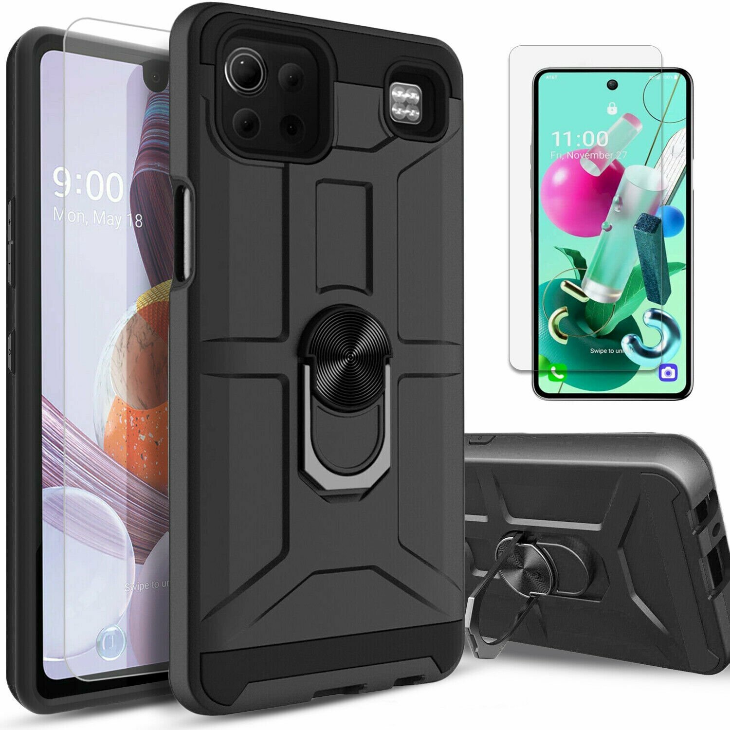 For LG K92 5G Phone Case, Metal Ring Kickstand Cover + Tempered Glass ...