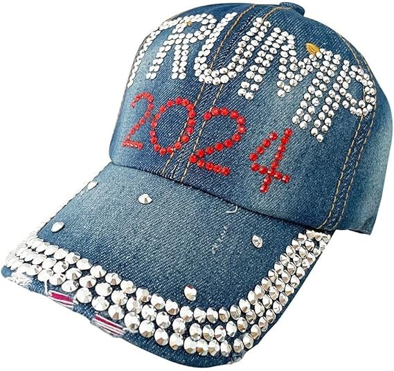 Trump 2024 Baseball Cap Denim Distressed Bling Rhinestone Hat USA Flag ...