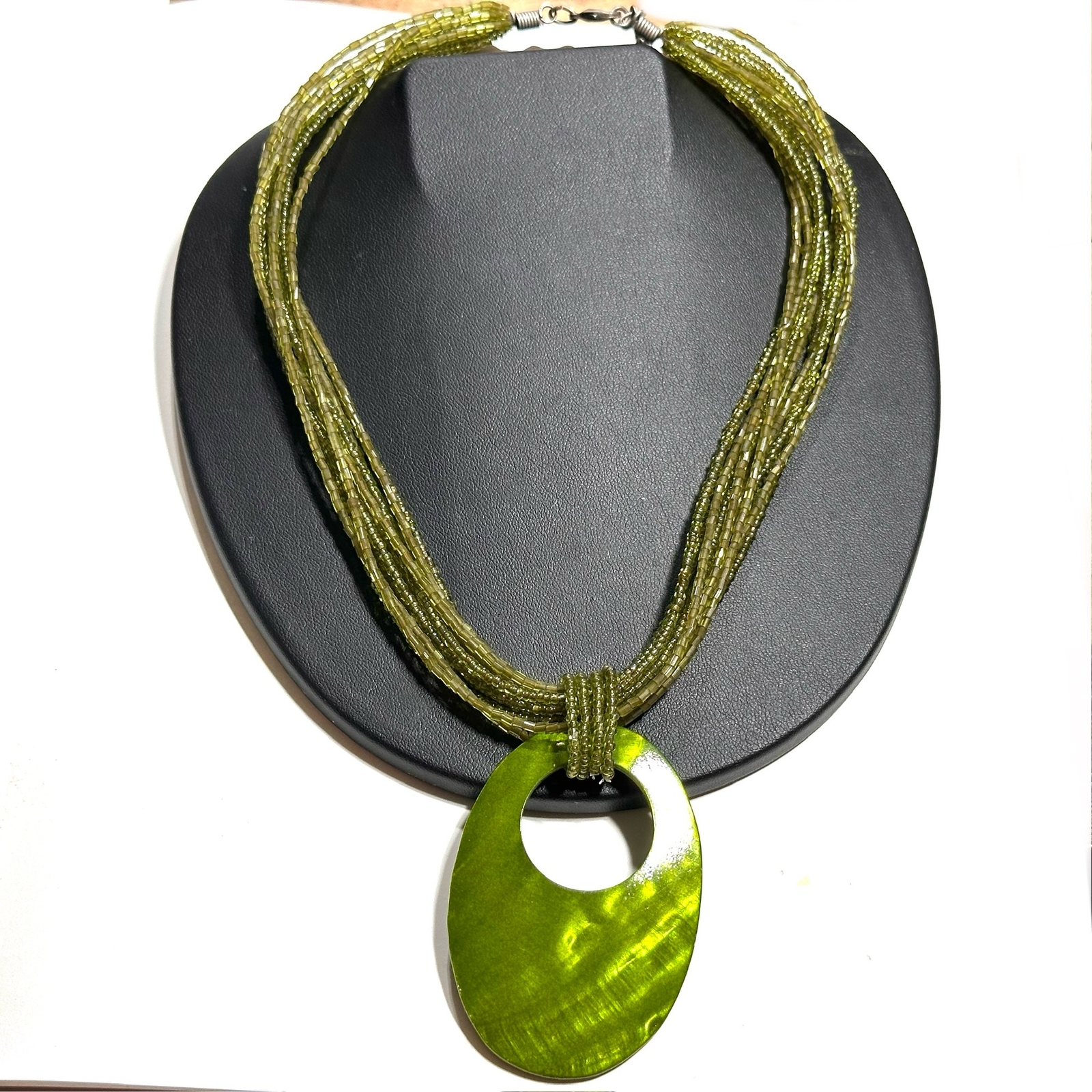 Olive Avocado Green Shell Pendant Multi Strand Seed Bead Necklace Boho ...