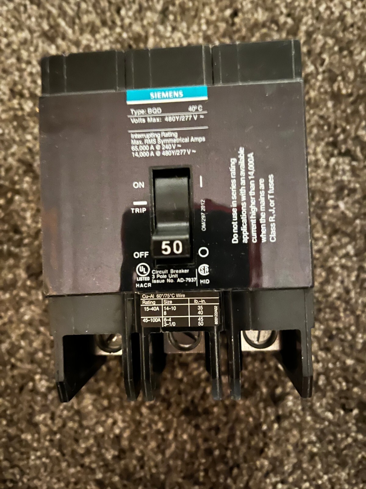 SIEMENS BQD350 50 AMP 3 POLE 480 VOLT BOLT ON CIRCUIT BREAKER NEW IN ...