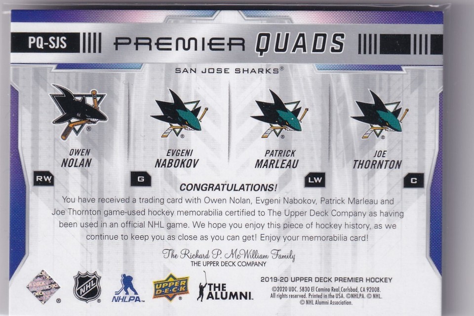 2019-20 UD Premier Hockey Premier Quads Nolan, Marleau, Nabokov ...
