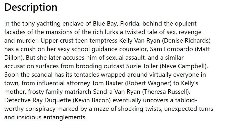 Wild Things (DVD,1998,Widescreen) Denise Richards, Kevin Bacon ...