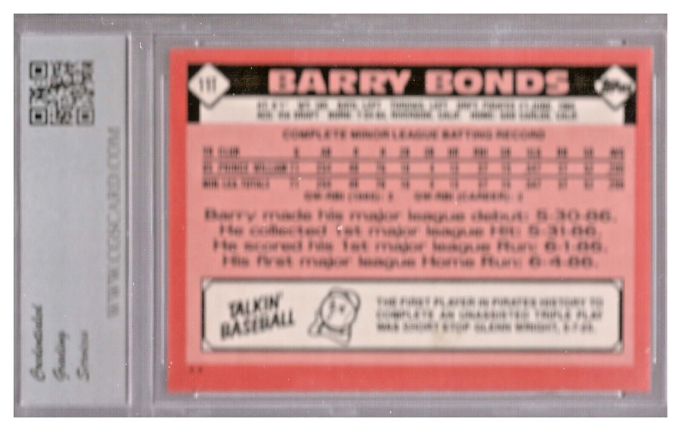 1986 TOPPS TRADED # 11T BARRY BONDS BASEBALL CARD ROOKIE RC NM/MT CGS 8 ...