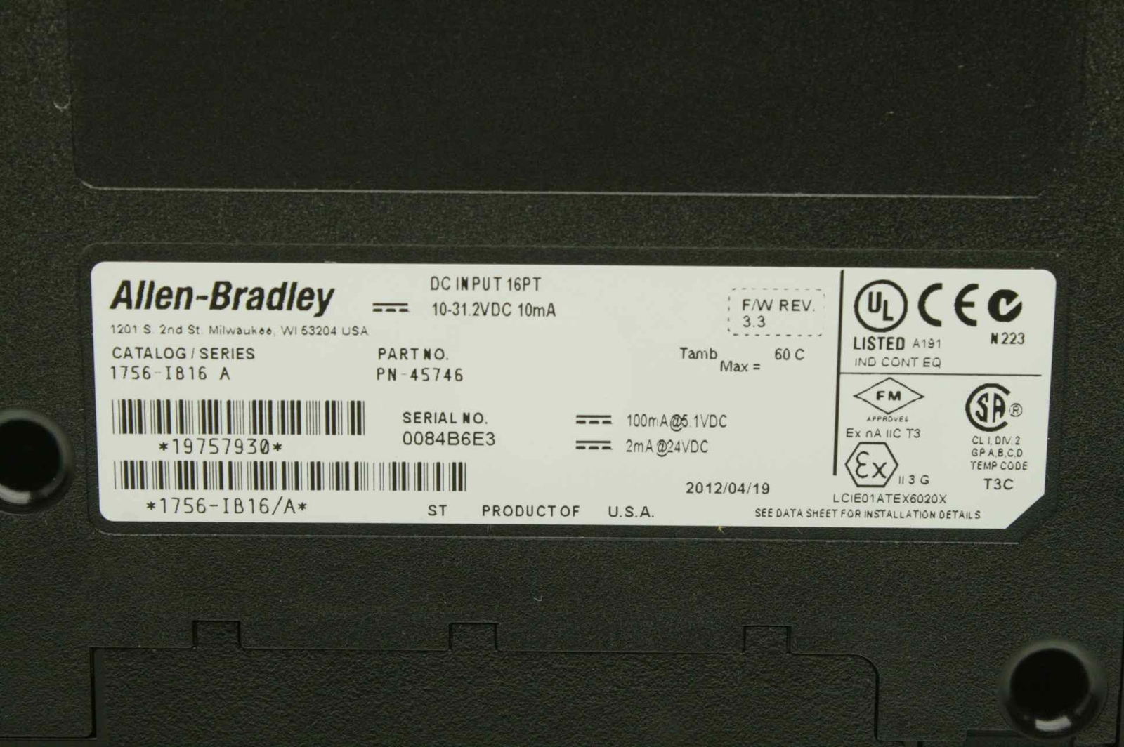 Allen-Bradley Controllogix 1756-IB16/A Dc Entrée 16PT 10-31.2VDC, 10mA ...
