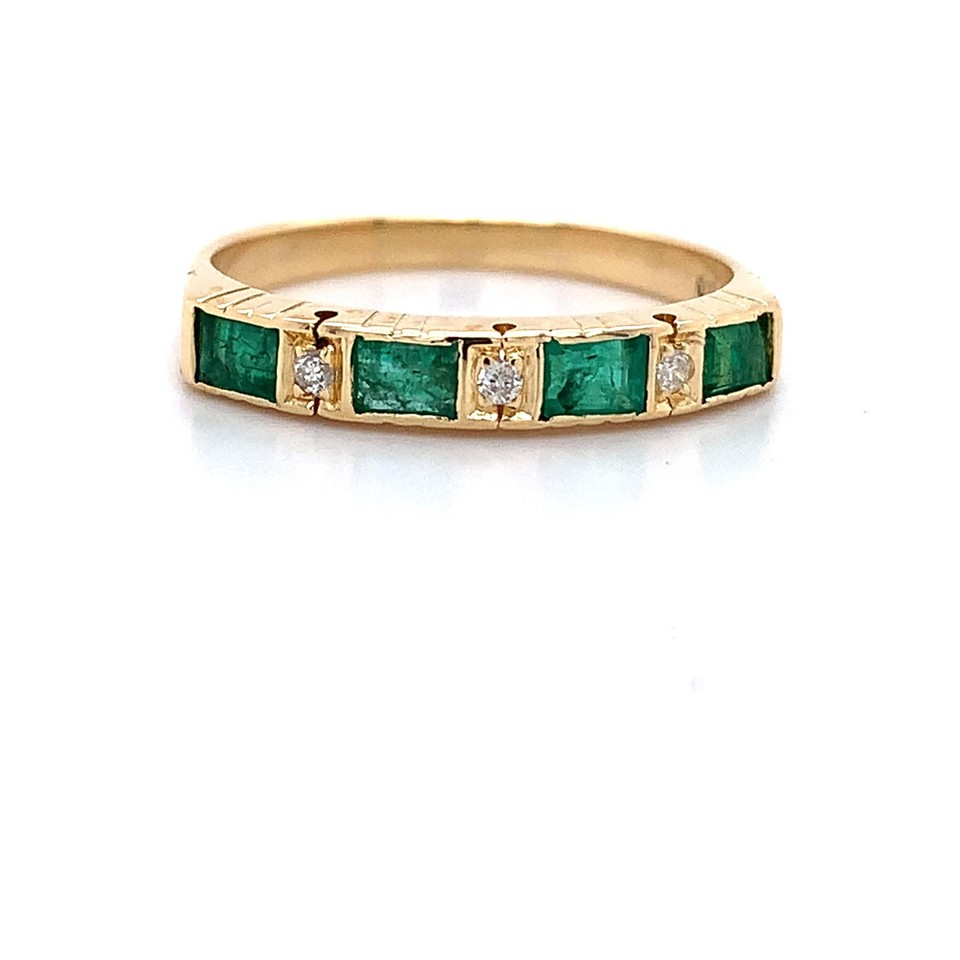 Vintage 18K Yellow Gold Alternating Emerald & Diamond Stackable Band ...