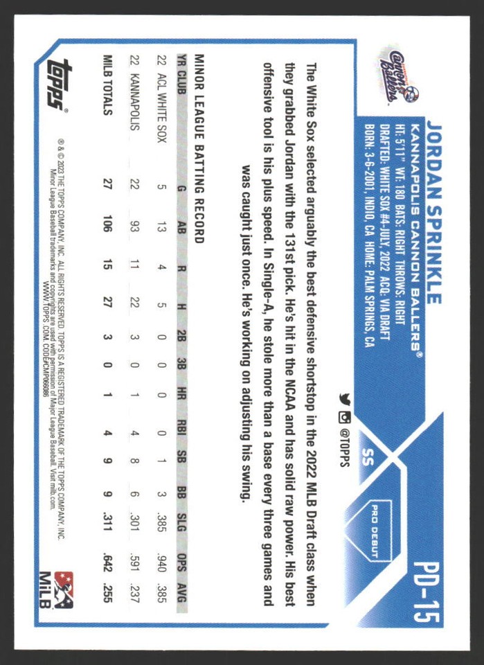 Jordan Sprinkle #PD-15 2023 Topps Pro Debut Kannapolis Cannon Ballers ...