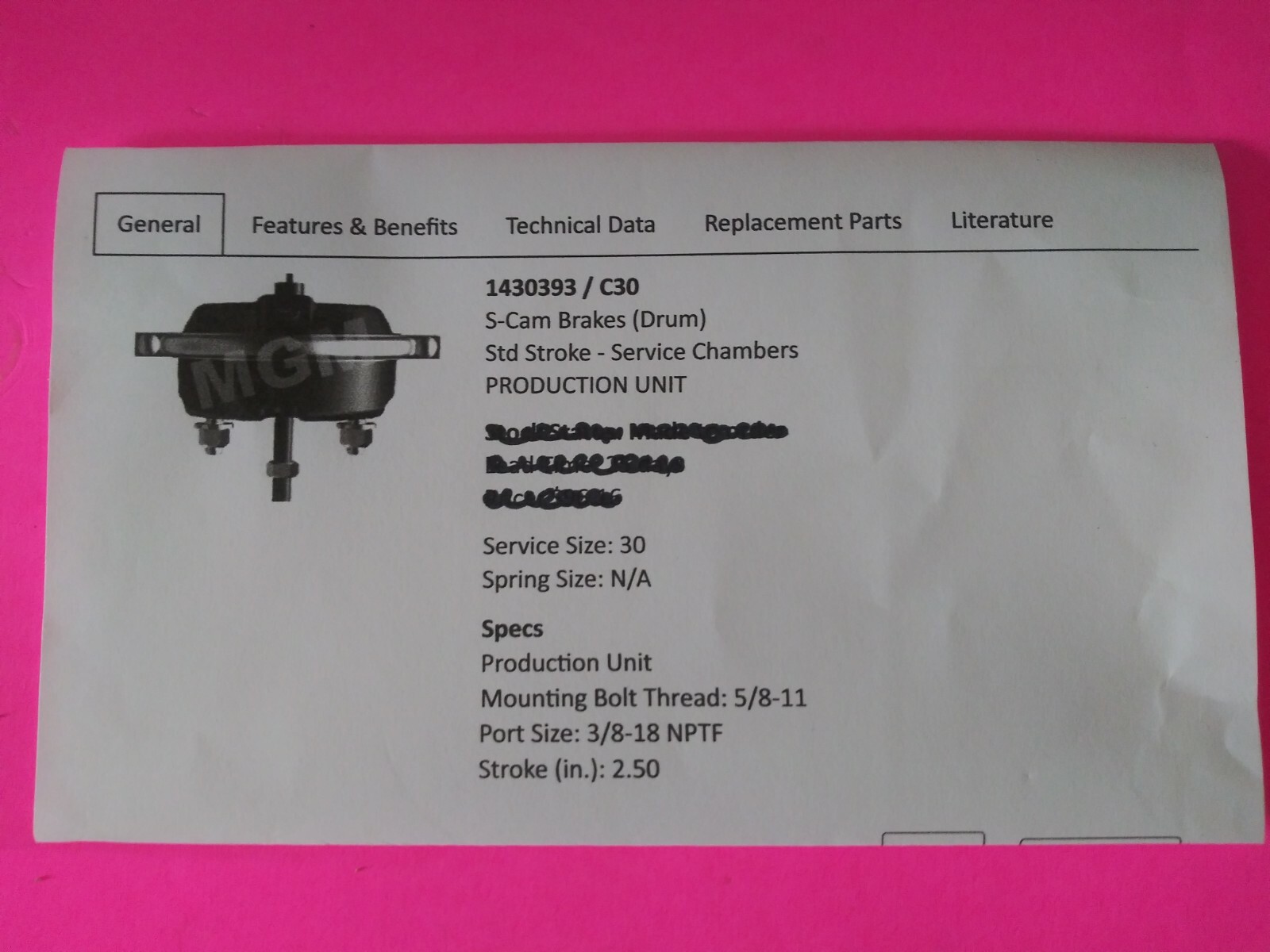 Meritor MGM C30 Air Disc Brake Service Chamber Assembly, 1430393 ...