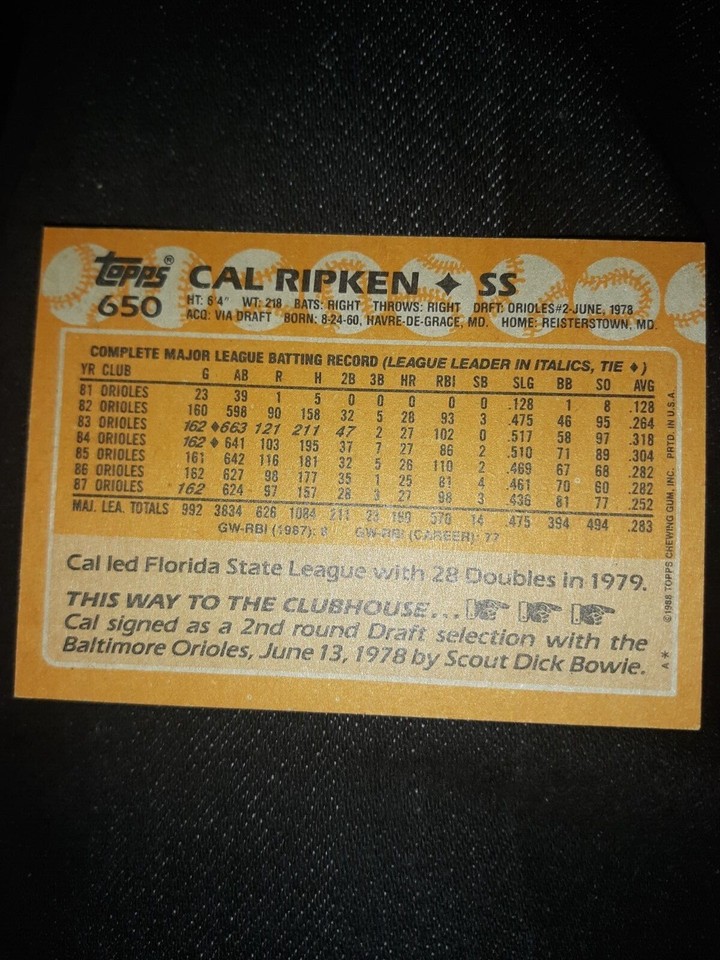1988 Topps #650 Cal Ripken Jr. Baltimore Orioles Baseball Card ...