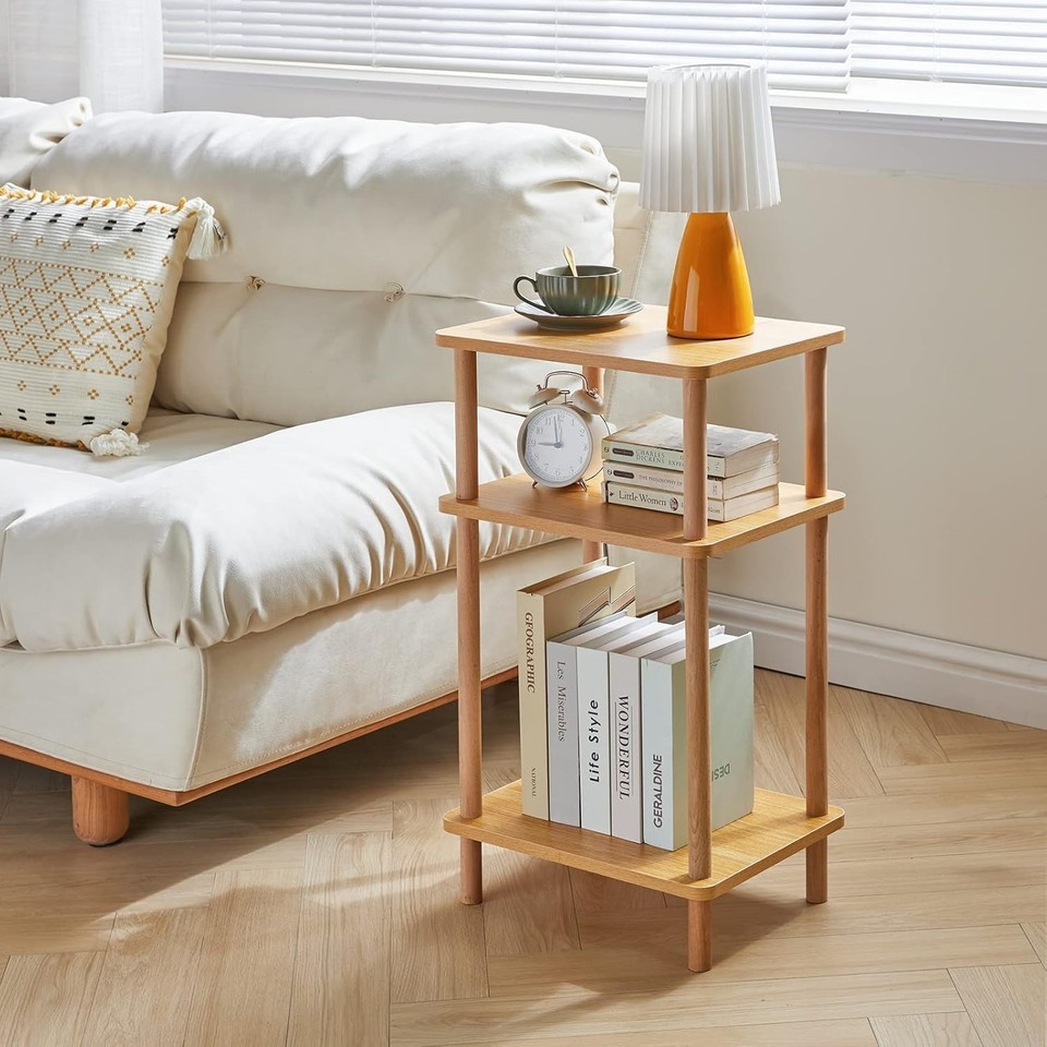 IBUYKE 3-Tier Side Table, Solid Wood Tall End Table with Storage ...