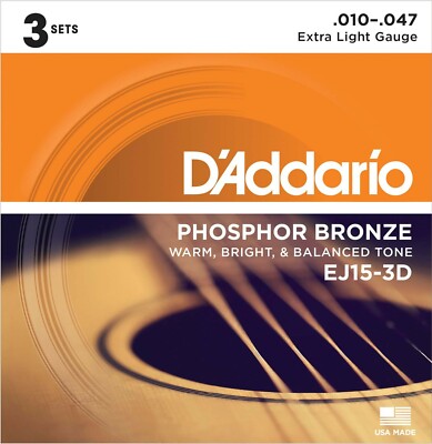 D'Addario EJ15 10-47 Phosphor Bronze Acoustic Guitar Strings 3 Pack ...