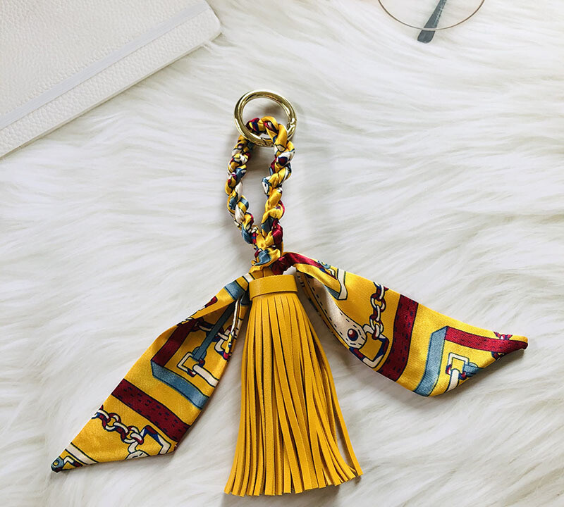 Classic Satin Scarf Tassel Faux Leather Key Chain Pendant Bag Charm Car ...