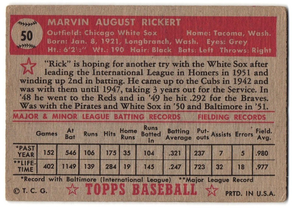 Marv Rickert 1952 Topps ML Baseball Card # 50-Red Back | eBay