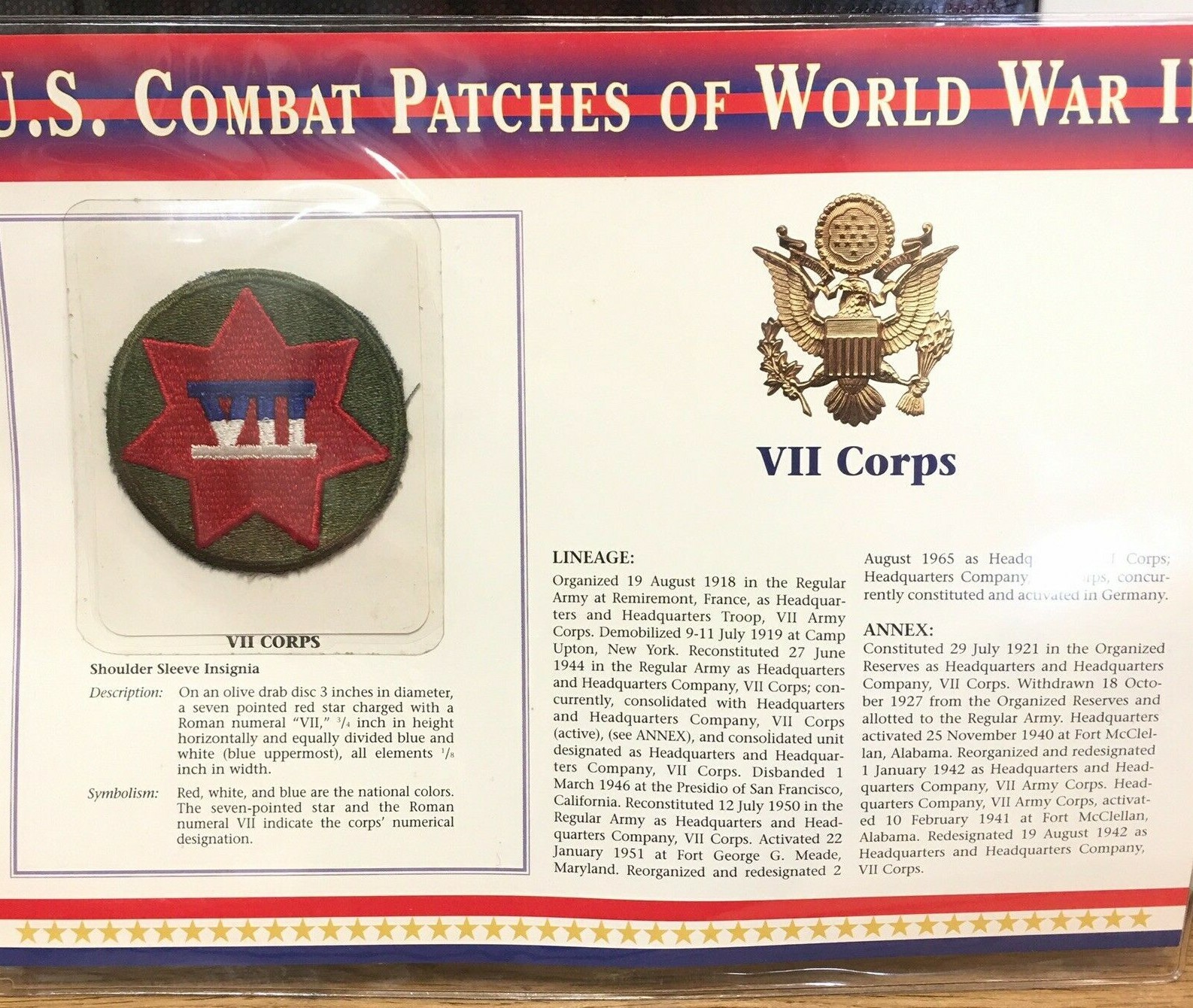 U.S. Combat Patches Of World War 2 VII Corps 7 Certificate Shoulder ...