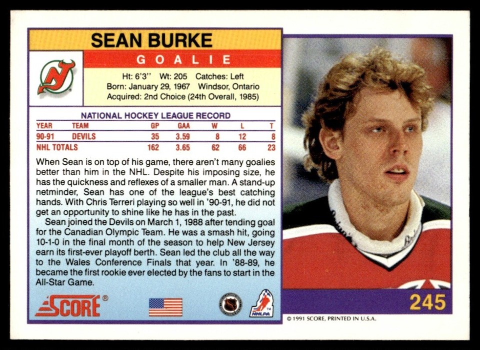 1991-92 Score American #245 Sean Burke New Jersey Devils | eBay