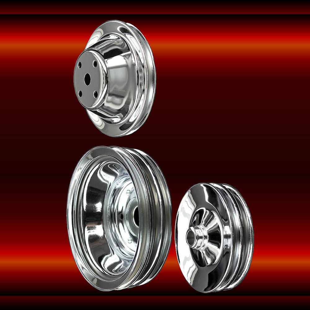 Chrome 3 pulley set SB Chevy LWP with a/c press on power steering 350 ...