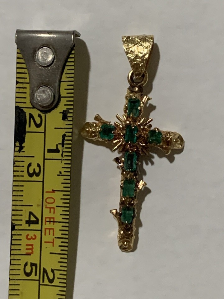 trunk rustic cross 18 kt gold whit 7 natural stone colombian emerald ...