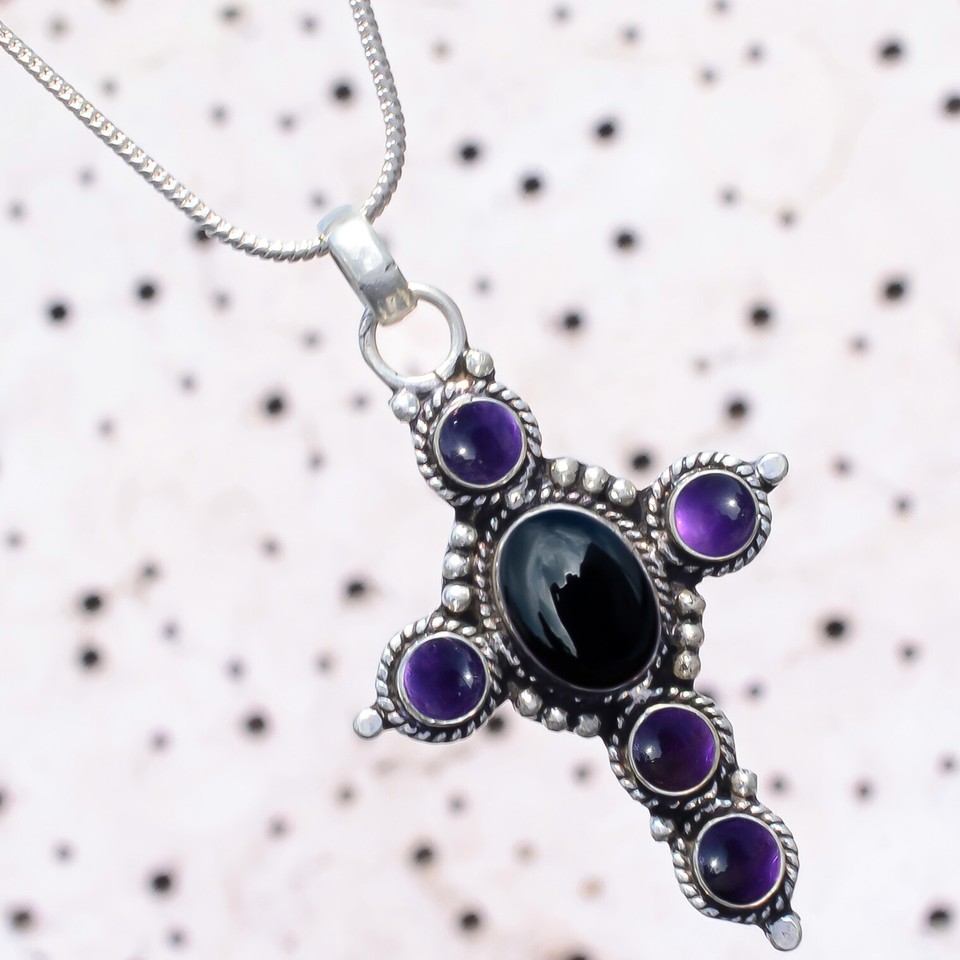 Black Onyx, African Amethyst Gems 925 Cross Sterling Silver Handwork ...