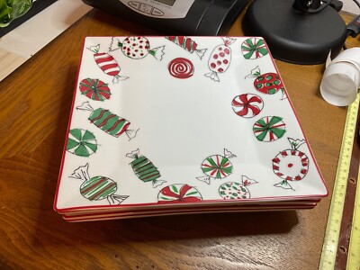 Food Network HOLIDAY SWEETS 8.25" Square Plate Set of 4 Red Green Candy ...