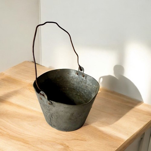 Antique Handcrafted Tin Tole Ware Miniature Pail Bucket Copper Rivets ...