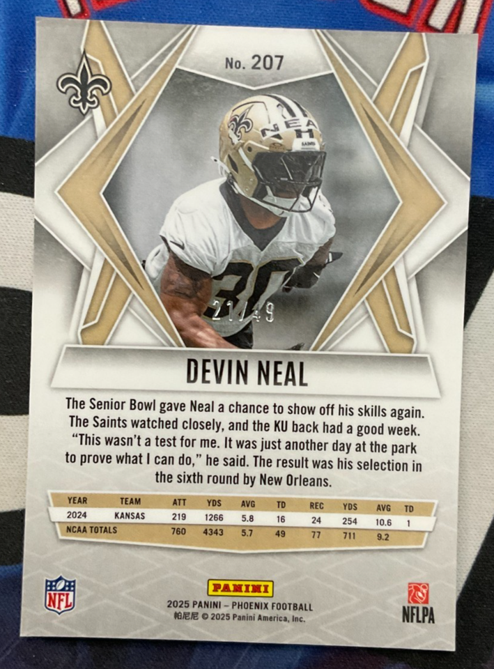 2025 Panini Phoenix Football #207 Devin Neal RC Purple Seismic 21/49 ...