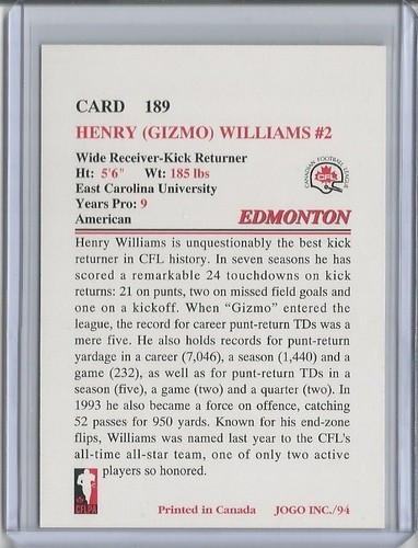 1994 Jogo CFL #189 Henry Gizmo Williams Edmonton Eskimos East Carolina ...