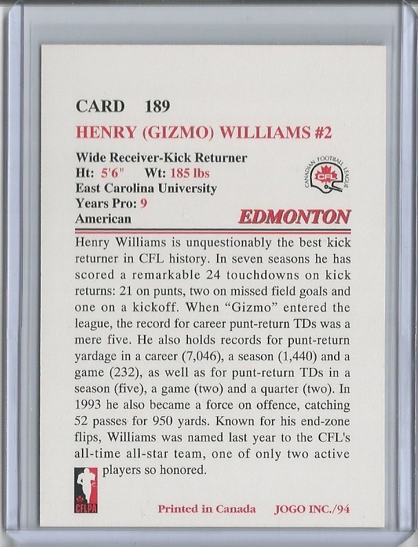 1994 Jogo CFL #189 Henry Gizmo Williams Edmonton Eskimos East Carolina ...