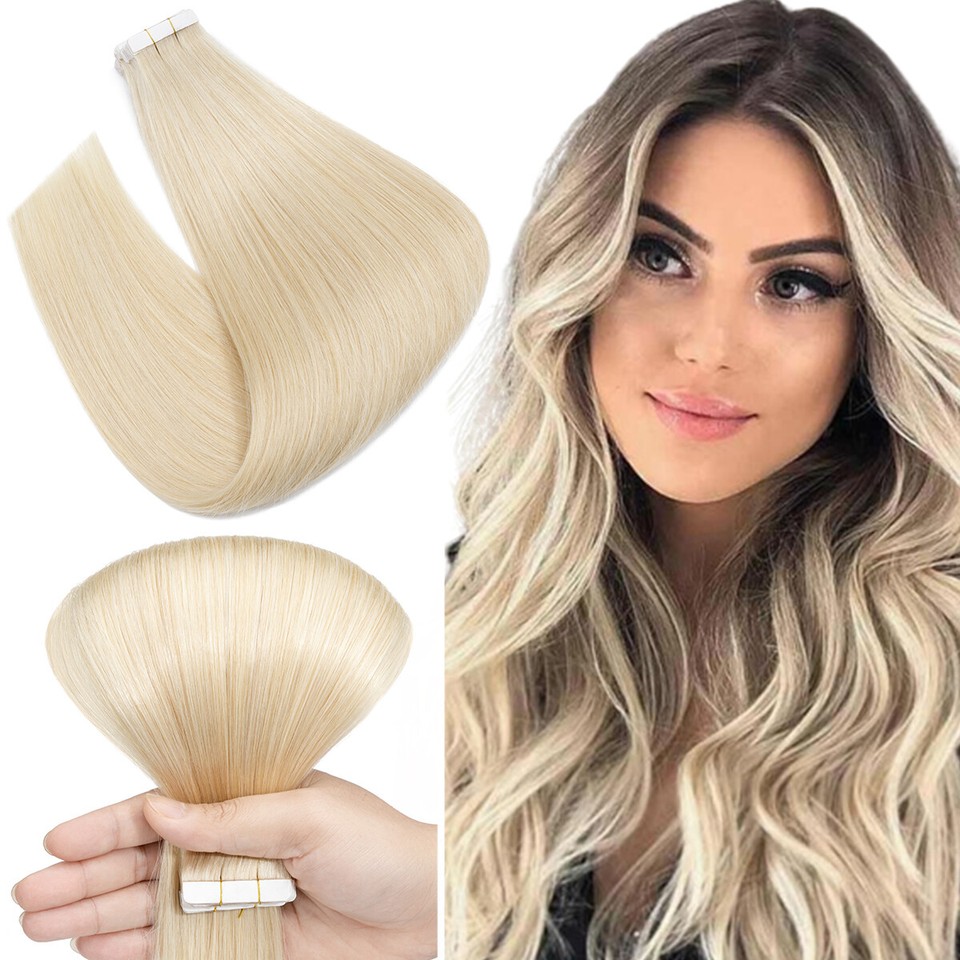 US 100% Real Tape In Remy Human Hair Extensions Highlight/ Ombre Skin ...