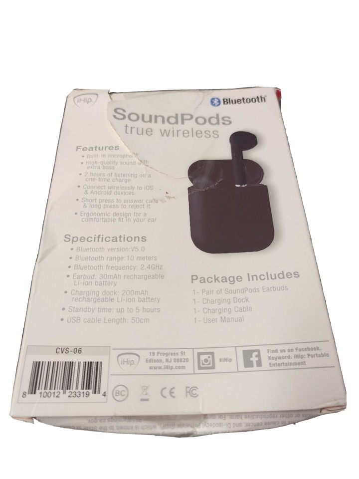 iHip Bluetooth Sound Pods True Wireless Built In Microphone Black. Open ...