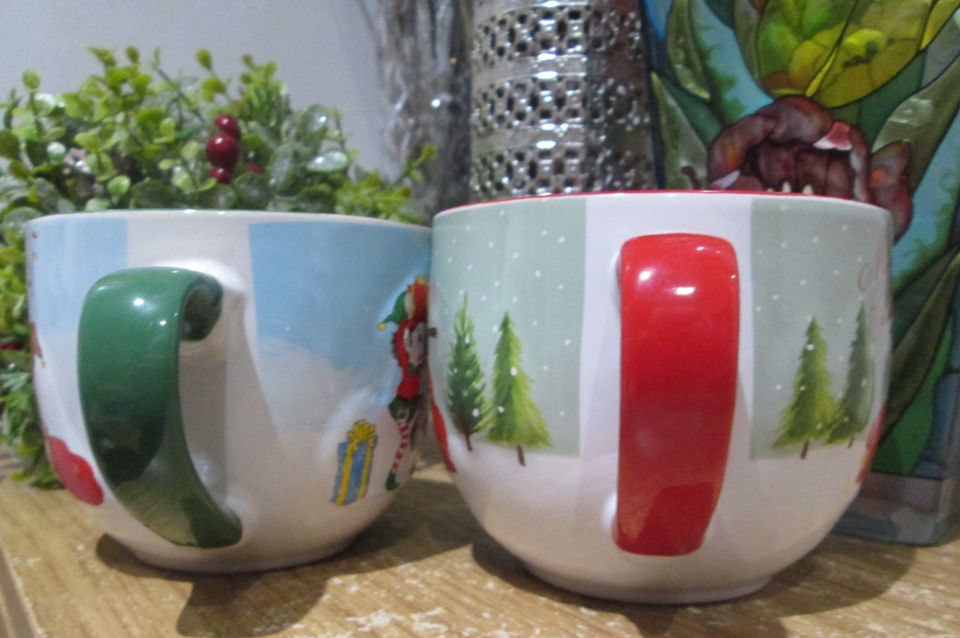 X2 Christmas Coffee Hot Chocolate Tea Mugs Cups Stoneware Elf & Tree Design | eBay UK