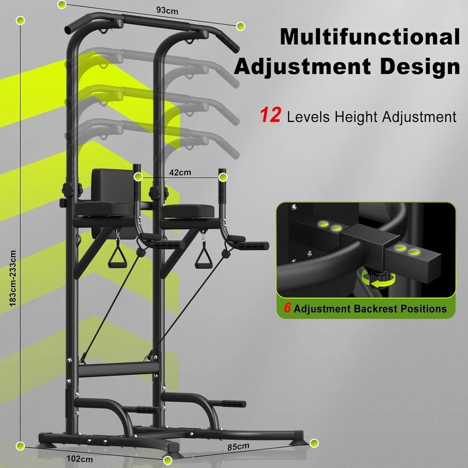 Adjustable Power Tower Station 12-Level Pull Up Bar Home Gym Strength ...