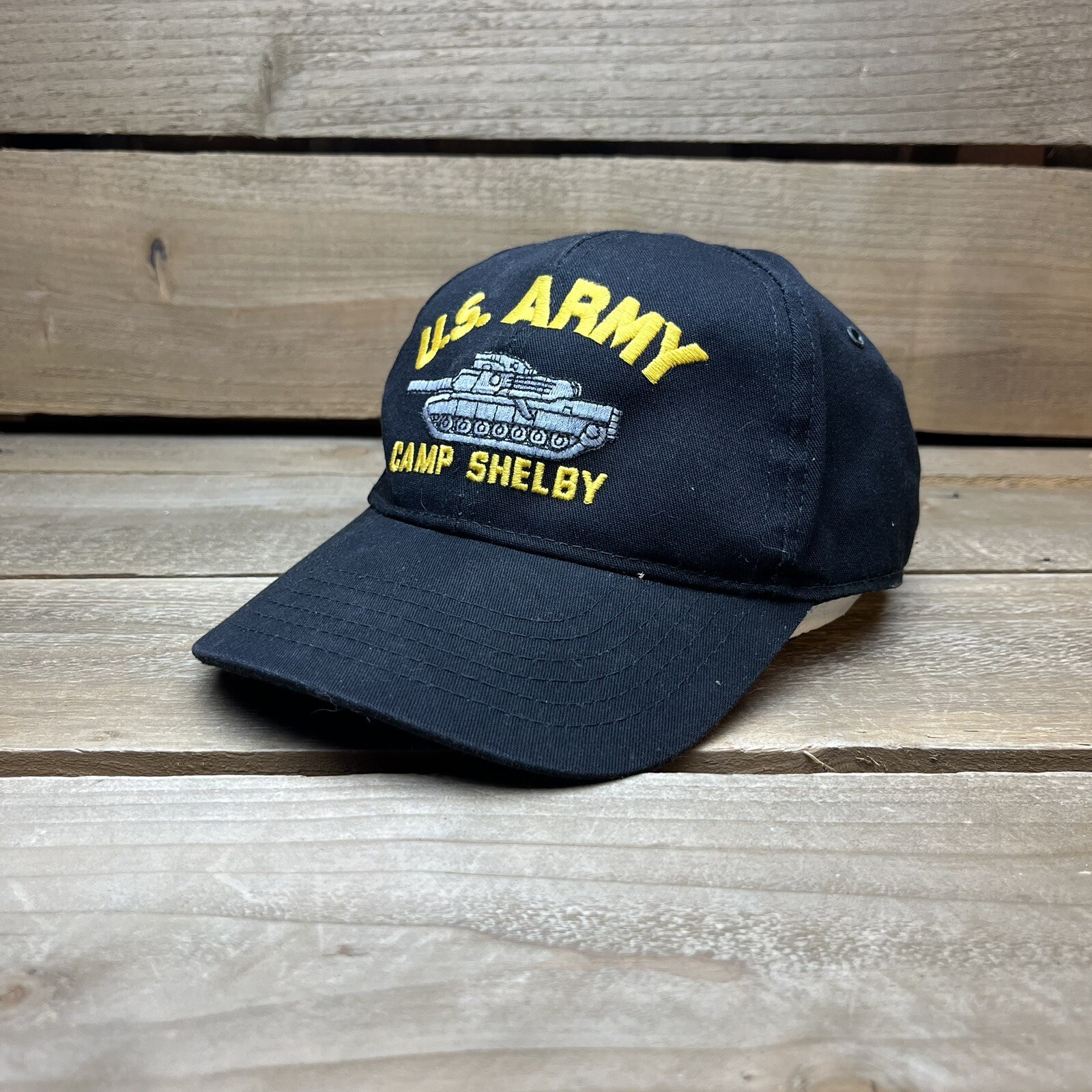 US Army Camp Shelby Distressed Black Snapback Hat Cap… - Gem