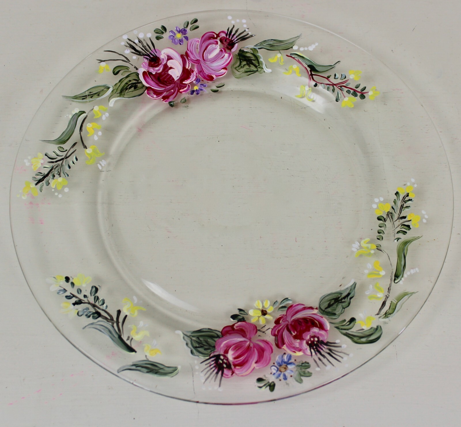 Hand Painted Cabbage Roses Cake Plate Glass Cottage Farmhouse Wedding ...