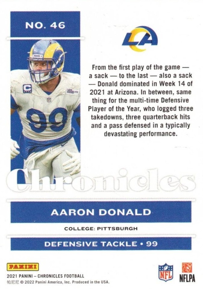 AARON DONALD-DT-LOS ANGELES RAMS-2021 PANINI-CHRONICLES FOOTBALL #46 ...